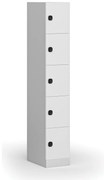 Šatní skříňka S1 s úložnými boxy, 5 boxů, 1850 x 300 x 500 mm, demont, kódový zámek, laminované dveře, bílá