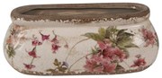 Béžový keramický oválný obal na květináč s květinami v antickém stylu s odřením – 18x8x7 cm