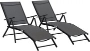 Set 2 skládacích zahradních lehátek Outsunny s 7-mi polohovým nastavitelným opěradlem, hliníkové lehátko na pláž s prodyšnou síťovinou, černé | Aosom