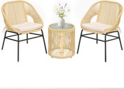 Outsunny 3dílný ratanový bistro set – 2 polstrovaná křesla a tvrzený skleněný stolek, ergonomický nábytek na balkon/terasu, béžová | Aosom