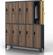 Plechová šatní skříňka na nožkách s 10 boxy BARTEK, 1360 x 1720 x 450 mm, Eco Design: antracitová/ ořech