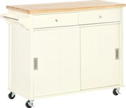 HOMCOM Multifunkční kuchyňský vozík se skládacími koly, 2 posuvné dveře, 2 zásuvky a závěsná tyč, 110x49,5x89,5 cm, krémová | Aosom