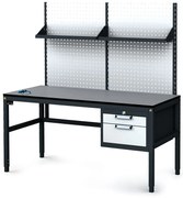 Antistatický dílenský ESD stůl s perfopanelem a policemi, 2 zásuvkový box na nářadí, 1600x800x745-985 mm