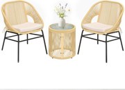 Outsunny 3dílný ratanový bistro set – 2 polstrovaná křesla a tvrzený skleněný stolek, ergonomický nábytek na balkon/terasu, béžová | Aosom