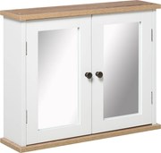 Nástěnný koupelnový kabinet kleankin se zrcadlem 2 úrovně s 1 nastavitelnou policí a 2 dřevěnými dveřmi - rozměr 56 š x 14 h x 46 v cm