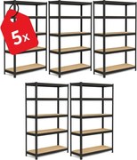 Akce 5x Regál 180x90x30 cm lakovaný 5-policový, nosnost 875 kg - černý