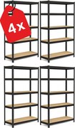 Akce 4x Regál 180x90x40 cm lakovaný 5-policový, nosnost 875 kg - černý