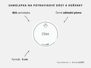 ČÍNA - omyvatelná samolepka na kořenky, výběr rozměrů Ø 5 cm / 5 x 5 cm / 6 x 8 cm | DomaLEP tvar: KOLEČKO, barva: BÍLÁ - ČERNÉ písmo, velikost: Ø 5 cm - základní písmo