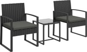 Ratanový bistro set, 3dílná sada zahradního nábytku se 2 zahradními židlemi, konferenčním stolkem, odnímatelnými polštáři tmavě šedá