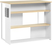 HOMCOM Kuchyňský Barový Stůl se 3 Policemi a Držákem Nožů z Nerezové Oceli, 105 x 65 x 90 cm, Bílá a Přirozená | Aosom