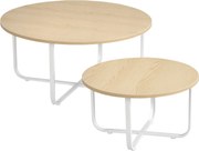 HOMCOM Sada 2 konferenčních stolků Ø65x32 cm a Ø45x26 cm - Kulaté stoly do obývacího pokoje s dřevěnou vrchní partií a kovovými nohami v přírodní a bí