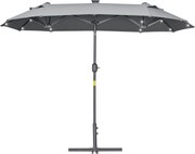 Outsunny Dvojitý slunečník 295x150x219 cm s LED solárními světly, nastavitelné sklopení a manuální klička pro terasu, bazén a pláž, šedý | Aosom