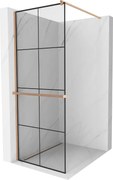 Mexen Kioto+, sprchová zástěna Walk-In s poličkou a věšákem 70 x 200 cm, 8mm čiré sklo černý vzor, ​​měděný matný profil, 800-070-121-65-77