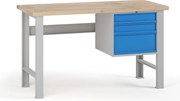 Dílenský pracovní stůl G7, buková spárovka, 1500 x 685 x 840 mm, 1x kontejner, 3 zásuvky, modrá