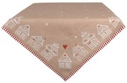 Hnědý bavlněný ubrus s motivem perníkových domečků Gingerbread Bliss – 100x100 cm