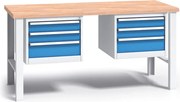 Pracovní stůl do dílny G3 se 2 závěsnými boxy na nářadí, buková spárovka, 6 zásuvek, pevné kovové nohy, 1700 mm, modrá