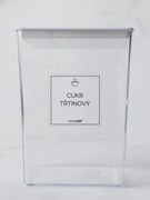 Samolepka na dózu CUKR TŘTINOVÝ – průhledná, 5 × 5 cm, základní písmo