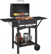 Outsunny gril na dřevěné uhlí s poklopem — BBQ vozík s 2 bočními stolky, velká grilovací plocha, teploměr a kolečka, 110 x 46,5 x 101 cm (černý) | Aos