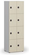 Dřevěná šatní skříňka S4 s úložnými boxy, 8 boxů, demont, RFID zámek, šedá/bříza