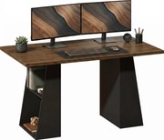 HOMCOM 55.1 in (140 cm) Computer Desk with 4 Open Shelves & Trapezoid Metal Frame — Brown Woodgrain / Black | Aosom