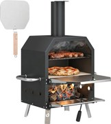 Outsunny venkovní pec na pizzu na dřevo, nerezová ocel, 2 úrovně s kamenem Ø 30,5 cm (tl. 1 cm), skládací nohy a lopatka – přenosná pro kempování, zah