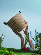Sinsay - Pletený úložný koš s uchy a motivem třešní - béžová