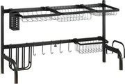 HOMCOM Sušák na nádobí, dvouúrovňový stojan na sušení nádobí, 51-93 cm s háčky, odkapávač pro kuchyňský dřez, nerezová ocel, černý | Aosom