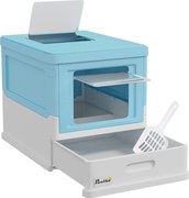 Skládací kočičí záchod PawHut s krytem, odnímatelným zásobníkem, dvířky s horním vstupem a lopatkou 47,5x35,5x36,7 cm Modrá a bílá | Aosom
