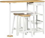 HOMCOM Set barového stolu s 1 zásuvkou, 2 policemi, odnímatelným košíkem a regálem na víno, výška stolu 119x38.5x88.5 cm a 2 stoličky 29x29x55 cm pro