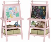 AIYAPLAY Dětský Easel 3 v 1 Dvousečný Magnetický Dětský Malířský Easel s Papírovým Rolem a Úložnými Košíky 59x48x118 cm Růžový | Aosom