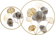 HOMCOM 3D Kovová Nástěnná Dekorace, Zlaté Nástěnné Umění s Listy Ginkgo ve Dvou Kulatých Rámcích, 102x66,2 cm, Zlatá a Stříbrná | Aosom
