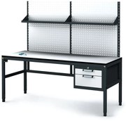 Antistatický dílenský ESD stůl s perfopanelem a policemi, 2 zásuvkový box na nářadí, 1800x800x745-985 mm