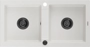 Mexen Mario, granitový dřez 820x436x161 mm, 2-komorový, bílá s černým sifonem, 6504822000-20-B