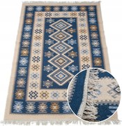 Koberec Kilim Boho Dvoustranný Plochý Modrý Bavlna 120 x 180 Střapců
