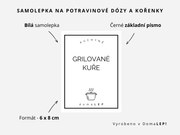 GRILOVANÉ KUŘE - omyvatelná samolepka na kořenky, výběr rozměrů Ø 5 cm / 5 x 5 cm / 6 x 8 cm | DomaLEP tvar: OBDÉLNÍK, barva: BÍLÁ - ČERNÉ písmo, velikost: š. 6 cm x v. 8 cm – základní písmo