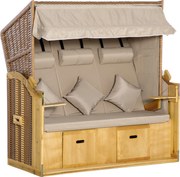 Plážové lehátko 3místné lehátko se stříškou 2 skládací stolky podnožka chaise longue 5stupňové opěradlo XXL polyratan přírodní 150 x 79 x 160 cm