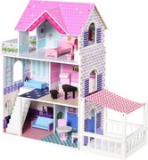 HOMCOM Dřevěný domeček pro panenky se 3 patry a terasou 86x30x87 cm s 13 díly nábytku a doplňky Roztomilý design | Aosom