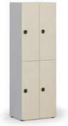 Dřevěná šatní skříňka S4 s úložnými boxy, 4 boxy, demont, kódový zámek, šedá/bříza