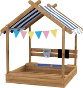 Pískoviště s ochranou proti slunečnímu záření, design domečku na hraní, se sadou hraček, opracované masivní dřevo, 124 x 116 x 146 cm, hnědá barva