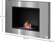 HOMCOM Nástěnný vestavěný biolíh krb s hořákem 0,9 L, 3hodinový čas hoření, rozměry 80L x 14W x 54H cm, pokrytí 25-30 m², nerezová ocel | Aosom