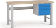 Dílenský pracovní stůl G7, buková spárovka, 1700 x 685 x 840 mm, 1x kontejner, 3 zásuvky, modrá