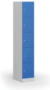 Šatní skříňka S1 s úložnými boxy, 5 boxů, 1850 x 300 x 500 mm, demont, cylindrický zámek, modré dveře