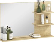 Moderní koupelnové zrcadlo Kleankin se 2 bočními policemi a spodní policí, nástěnné zrcadlo z MDF a skla, 75x10x48 cm, Dřevěná barva | Aosom