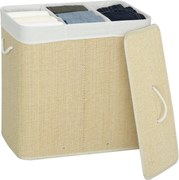 HOMCOM bambusový koš na prádlo s víkem, 144 l, 3 přihrádky, pratelná vložka, madla, 60×40×60 cm, krémový | Aosom