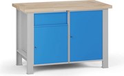 Dílenský pracovní stůl G7, buková spárovka, 1200 x 685 x 840 mm, 2x skříňka, 1 zásuvka, modrá