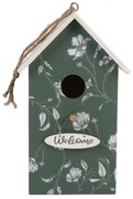 Zelená dřevěná budka pro ptáčky s listy a cedulí Welcome – 15x10x22 cm