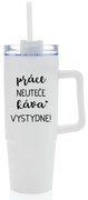 PRÁCE NEUTEČE, KÁVA VYSTYDNE! - bílý cestovní termohrnek s průhledným víčkem 900 ml