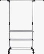 věšák, stojan na šaty, 1 tyč, 3 police, výsuvný, kolečka, kov/plast, 93-158x91-164x43 cm, chrom/černá, Dekorino TK20260033