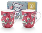 Pip Studio Flower Festival sada 2 hrnků 180ml, tmavě růžová (Tenkostěnný porcelán v dárkovém papírovém boxu)