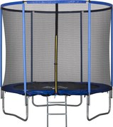 HOMCOM Dětský a Dospělácký Trampolína do Zahrady s Elastickou Podložkou a Ochrannou Sítí, Žebřík a Polstrované Okraje, Ø244x240cm, Modrá a Černá | Aos